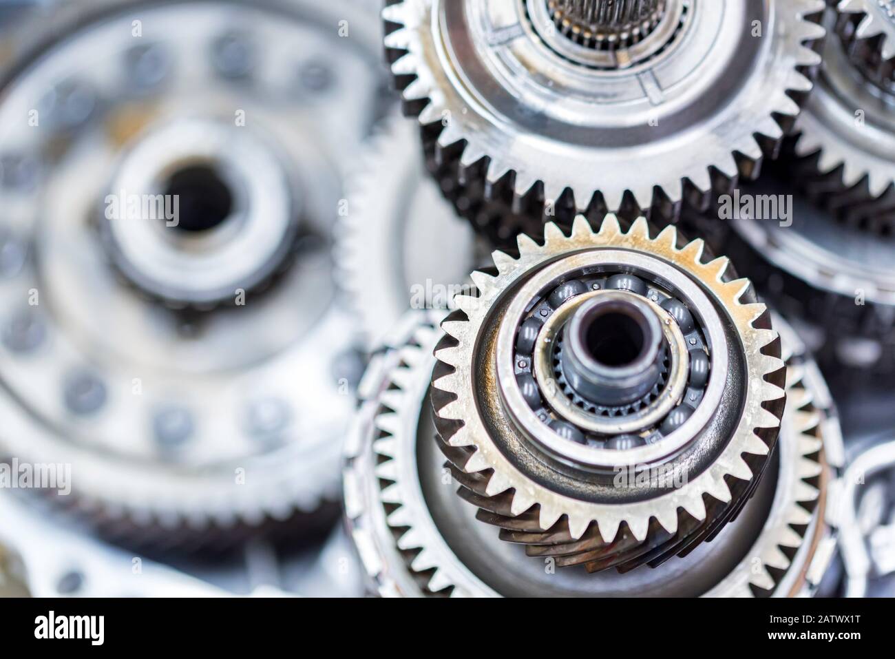 Planetary gearsets inside vehicle automatic transmission. Close up view ...