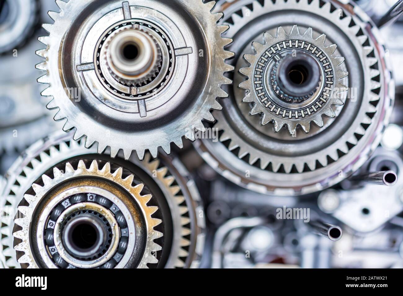 Planetary gearsets inside vehicle automatic transmission. Close up view ...