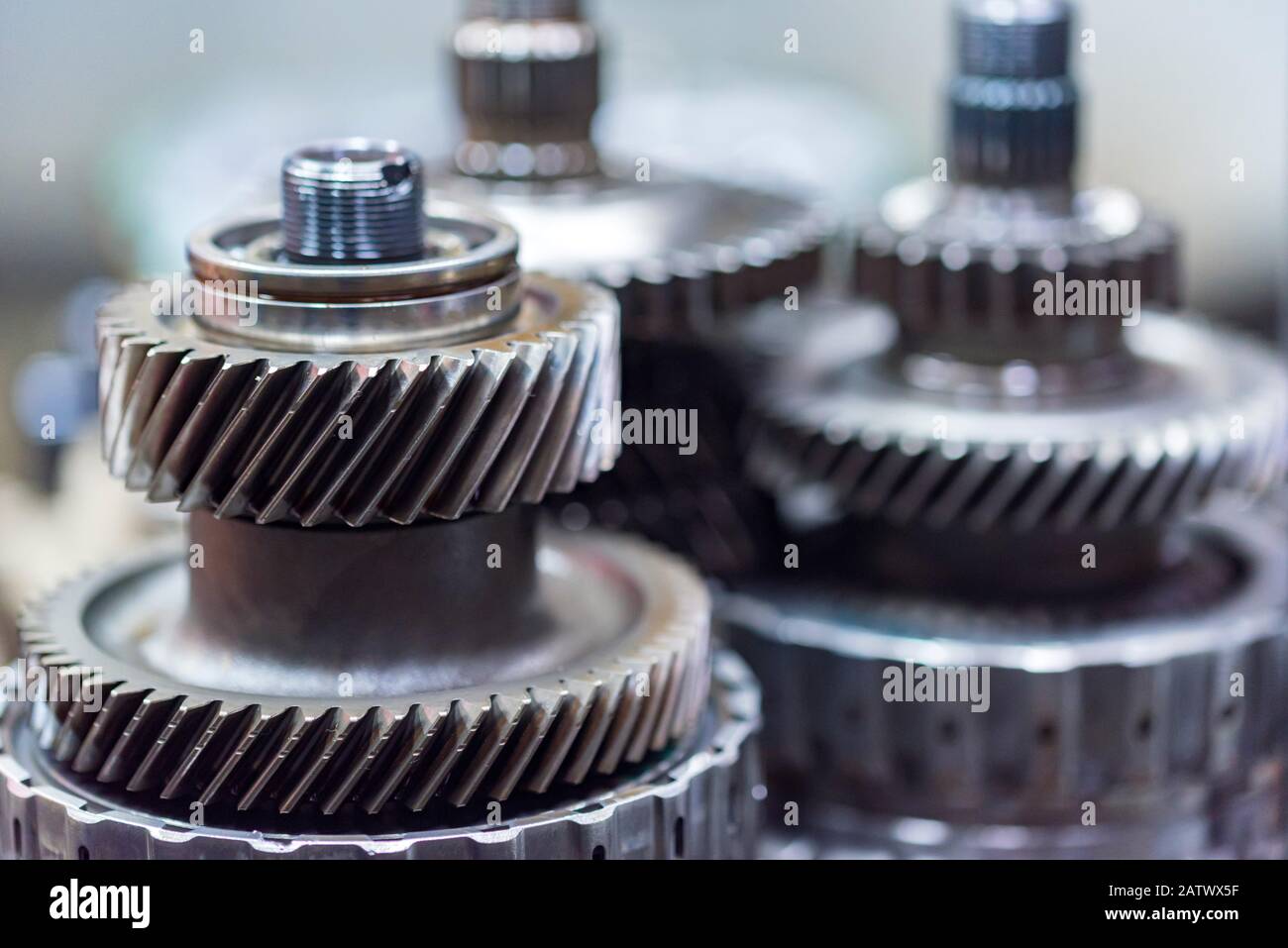 Planetary gearsets inside vehicle automatic transmission. Close up view ...