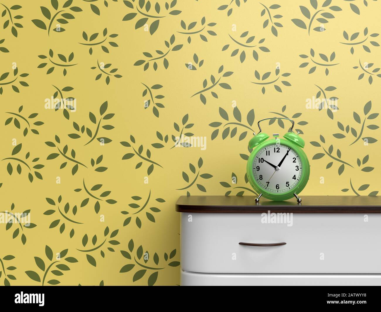 Green alarm clock on a chest of drawers. 3D rendering Stock Photo - Alamy