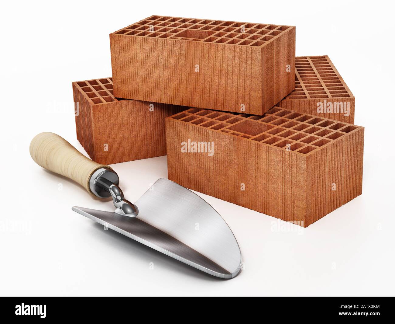 Construction trowel and bricks isolated on white background. 3D ...