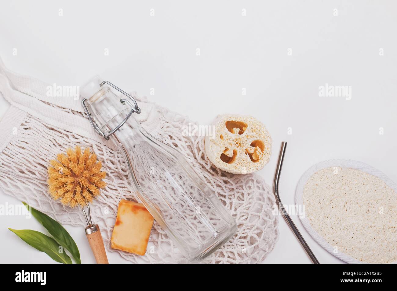 Zero waste plastic free home tools and items on white background ...