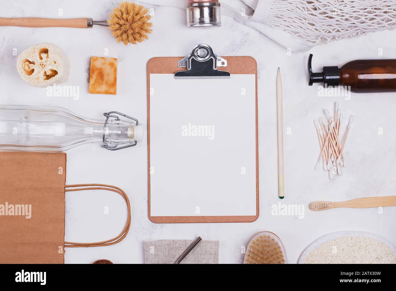 Zero waste plastic free tools and items on white background. Clipboard ...