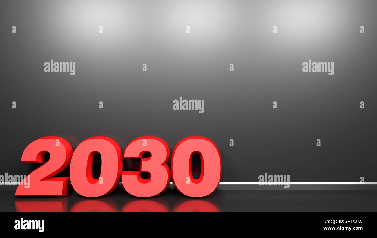 2030 red write at black glossy wall background - 3D rendering ...