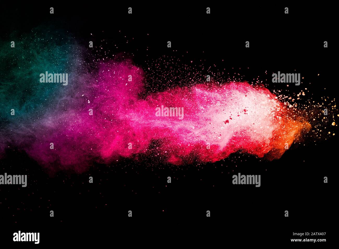 Freeze motion of colored powder explosions isolated on black background ...