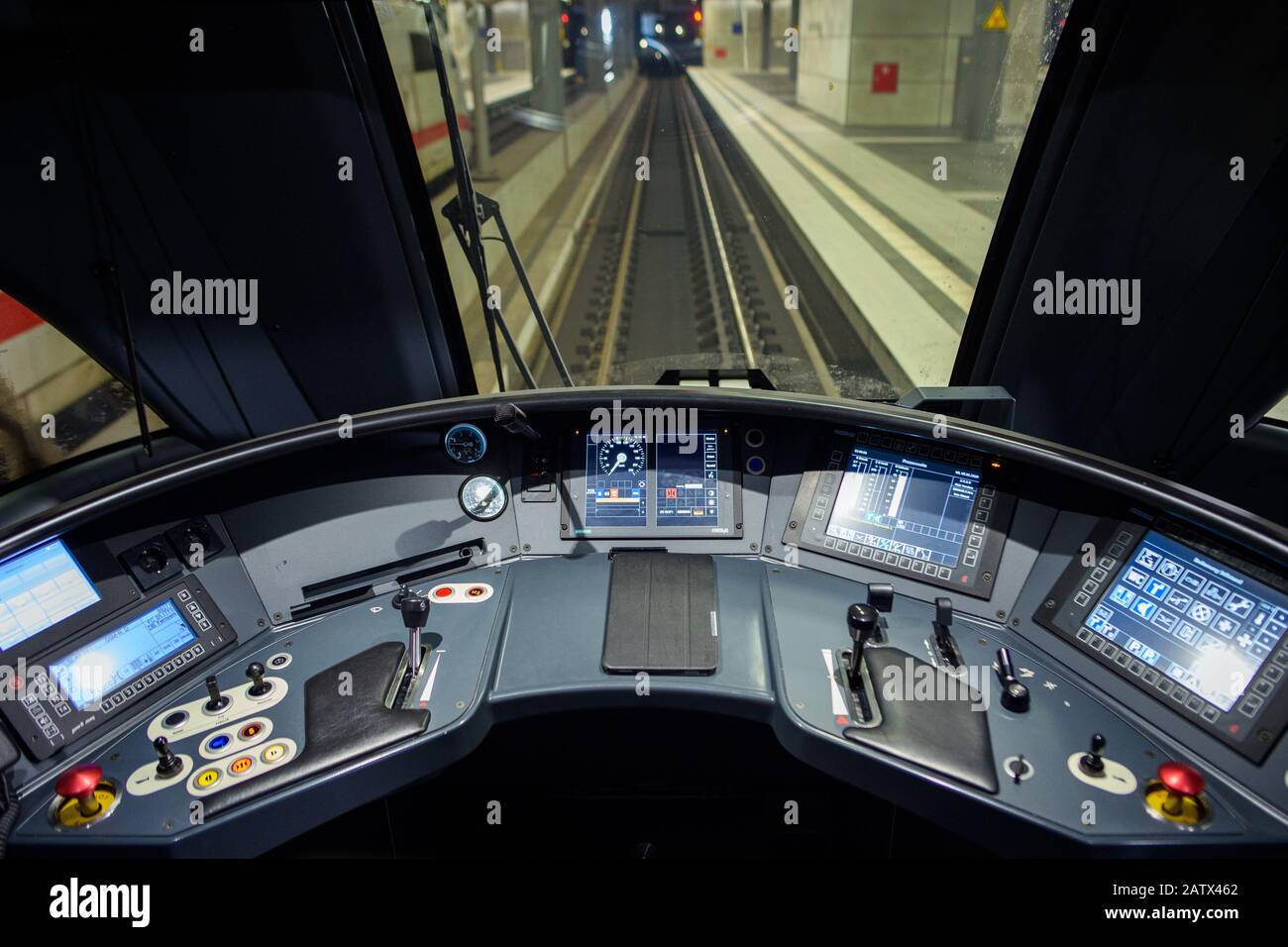 05 February 2020, Berlin: The driver's desk of a double-decker train ...