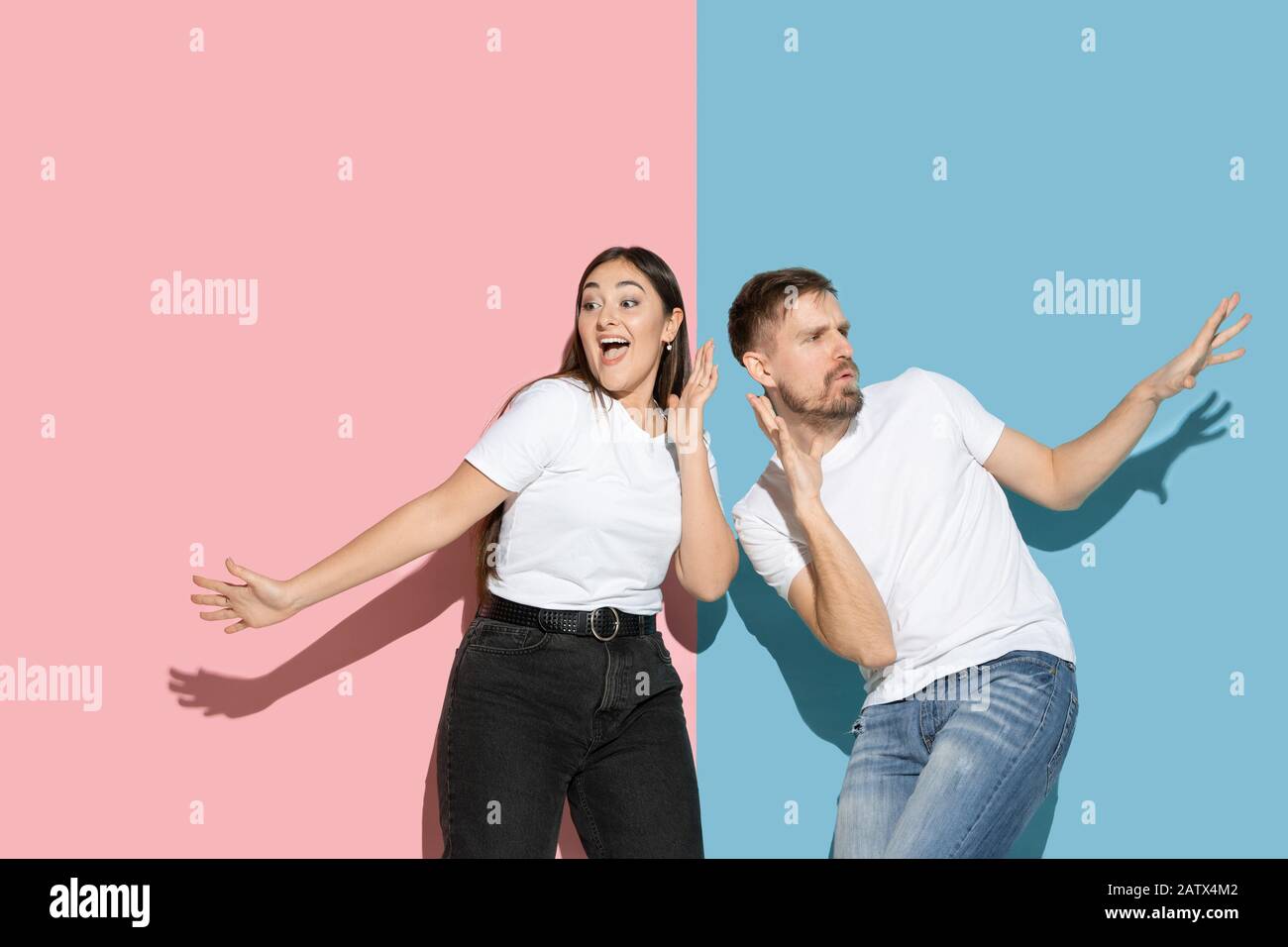 Romantic. Dancing, moving, having fun. Young and happy man and woman in ...