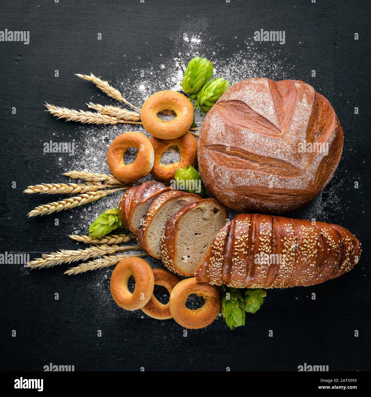 A great selection of baking and bread. Top view. Free space for text ...