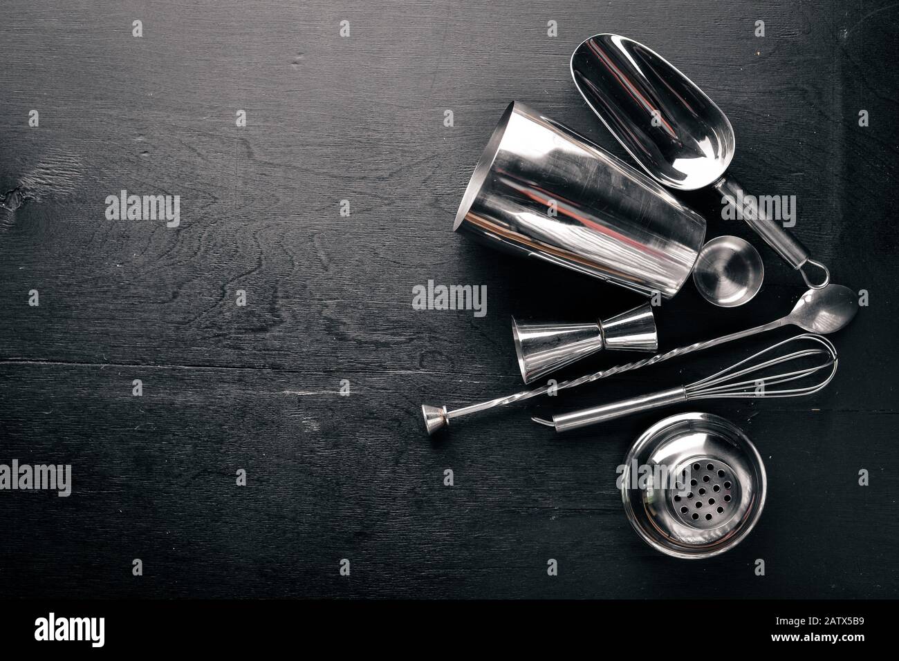 Shaker, measuring glass, bar spoon. Top view. Free space Stock Photo ...