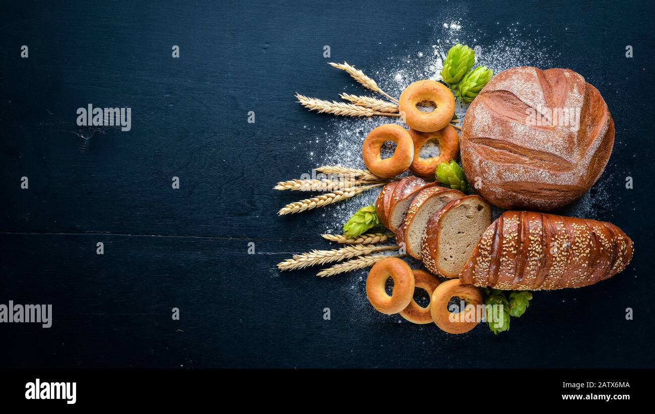 A great selection of baking and bread. Top view. Free space for text ...