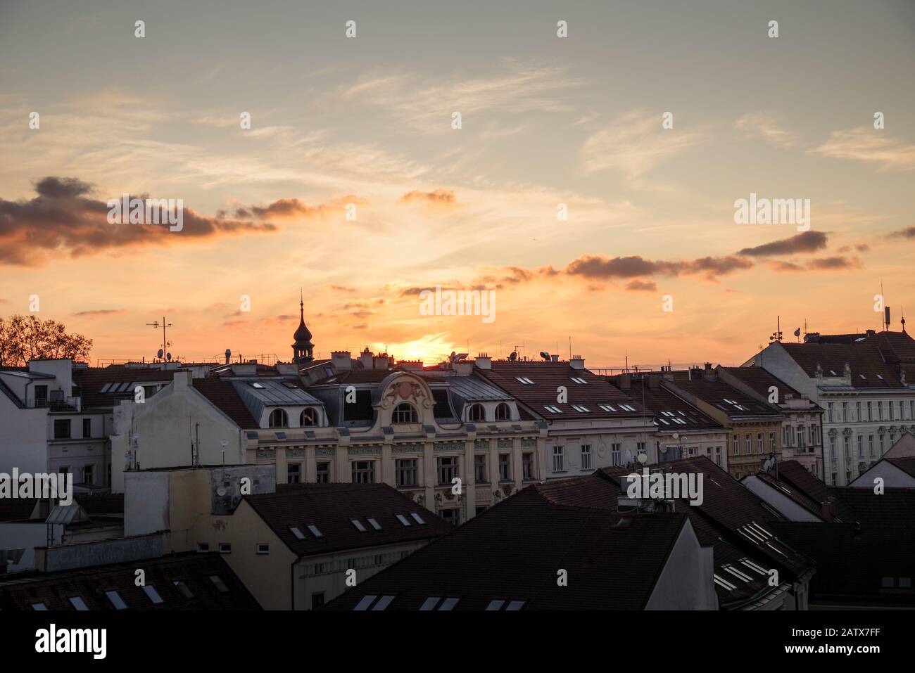 Sunset view of historical Brno from the top of the Old Town Hall tower ...
