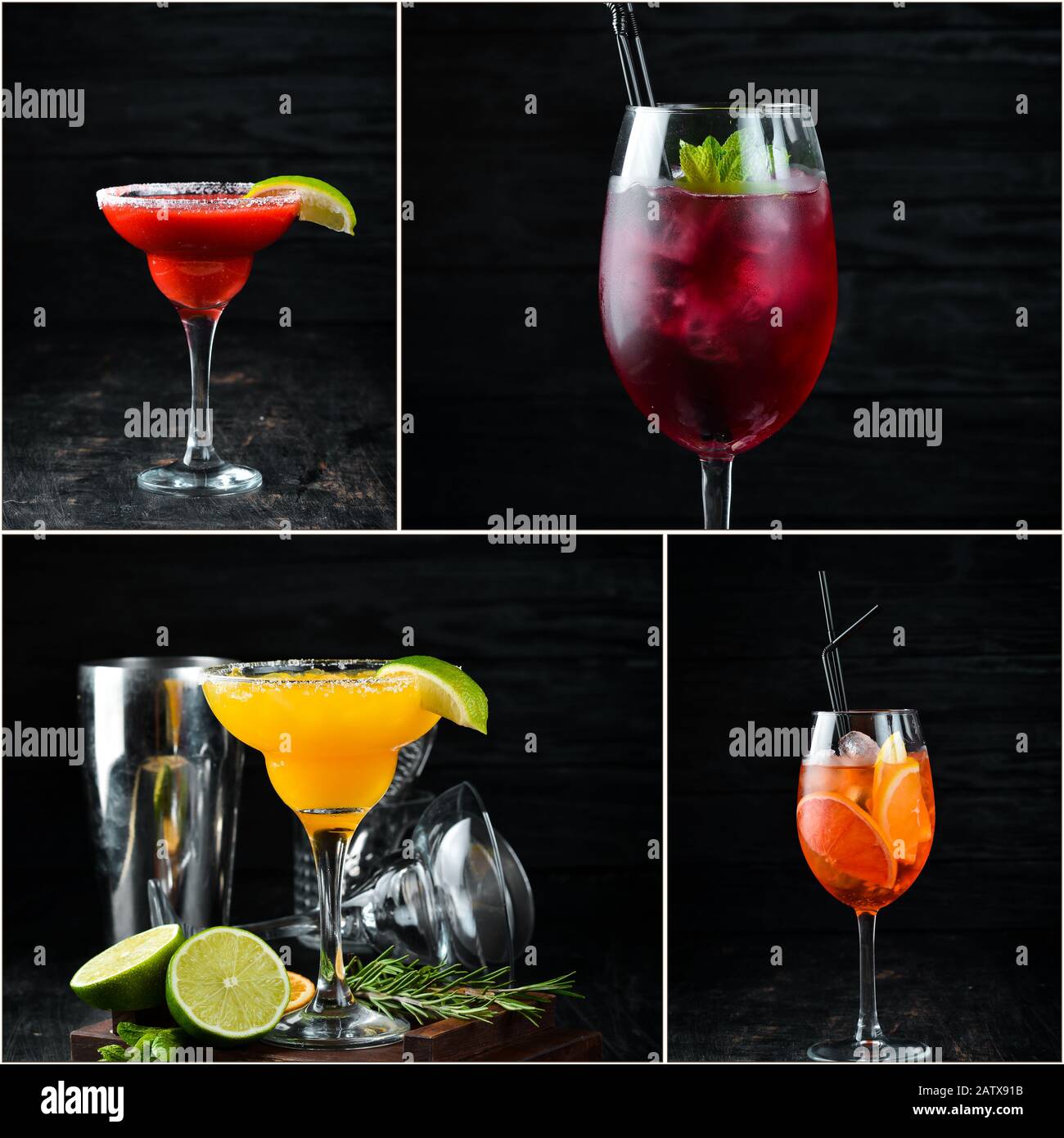 Photo collage Alcoholic colored cocktails and drinks. Top view Stock ...