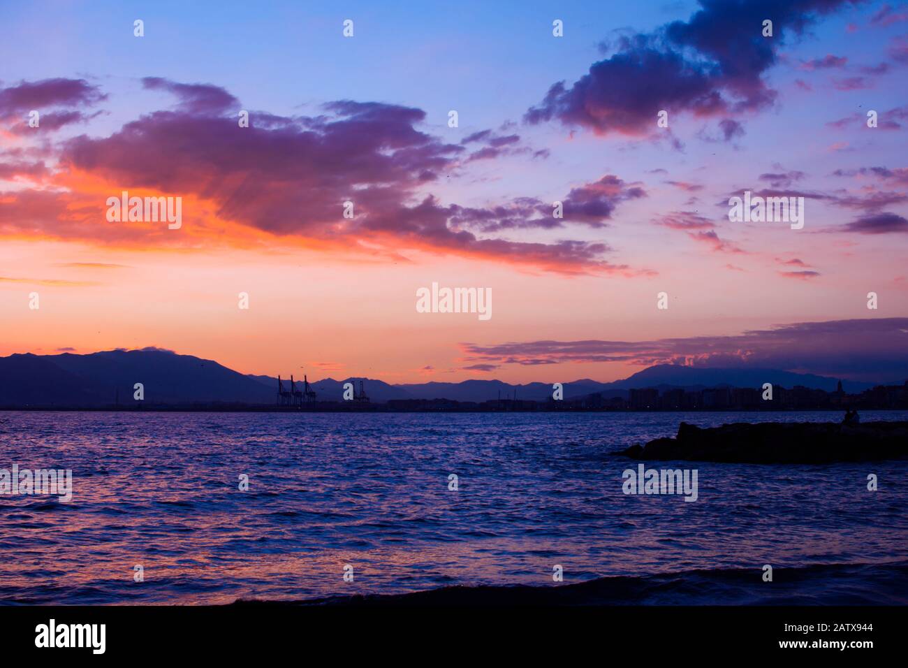 Nature in twilight period on the sea, sunset over the mountain ...
