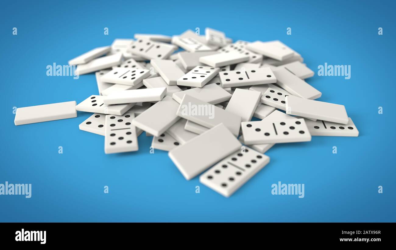 domino chips on blue background. white chips with black dots. 3d ...