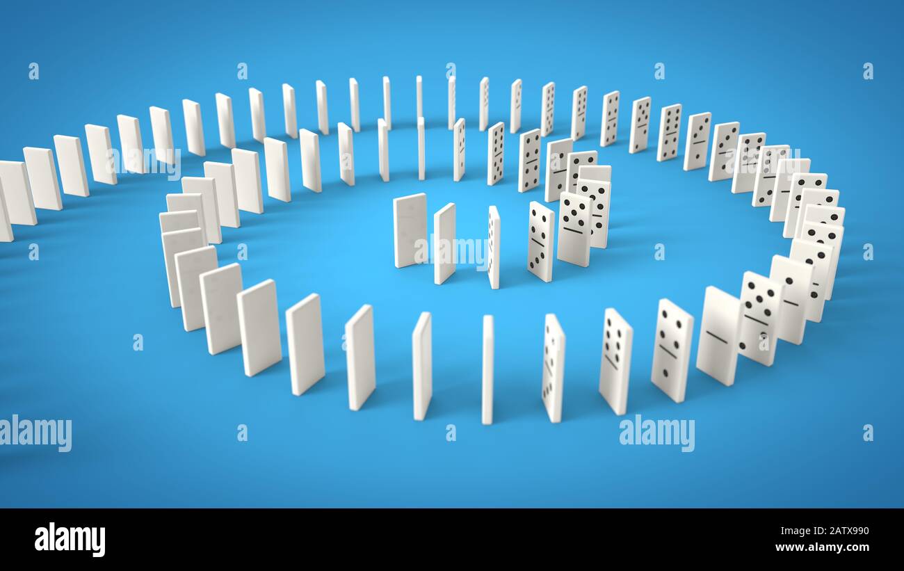 domino chips on blue background. white chips with black dots. 3d ...
