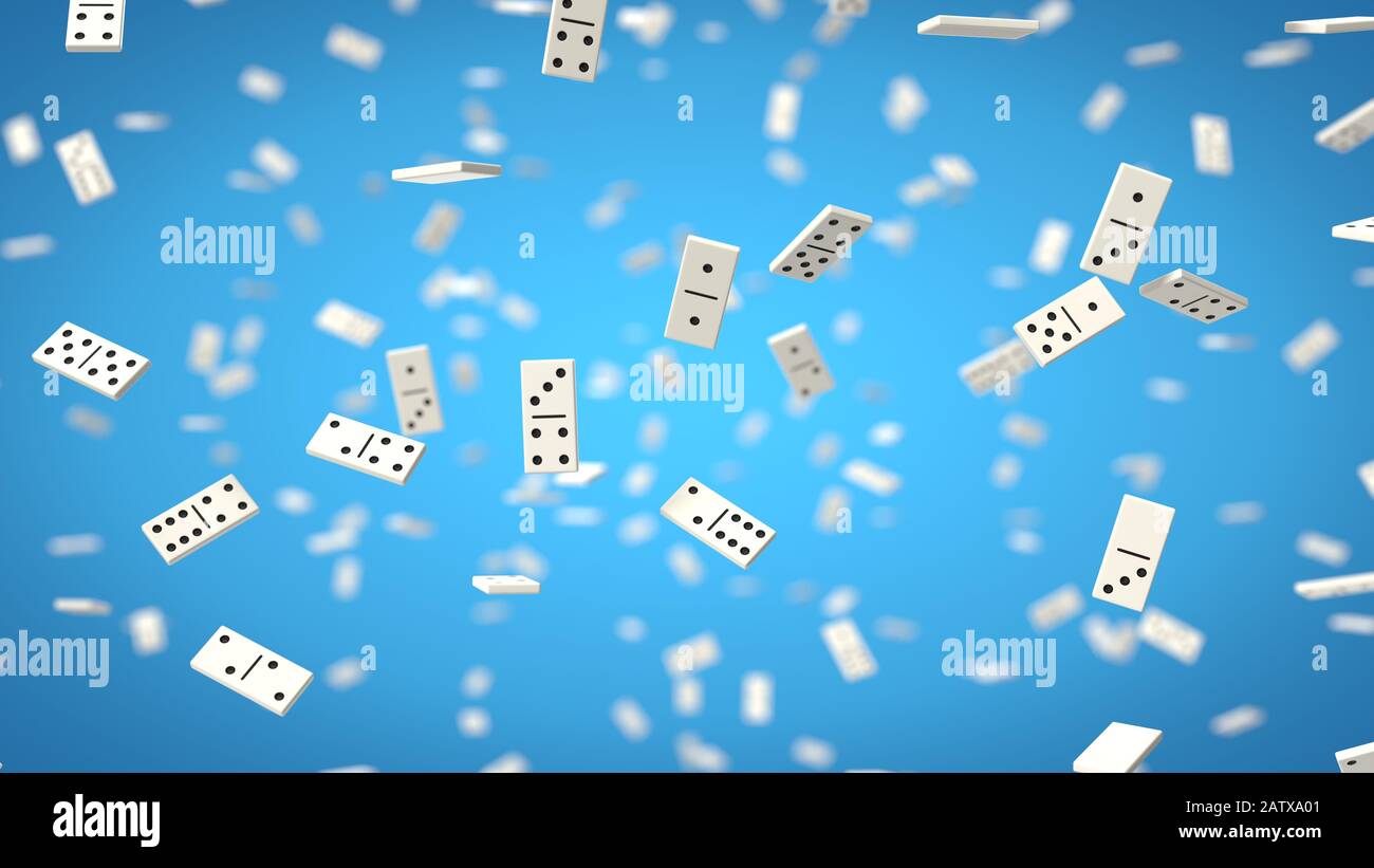 domino chips on blue background. white chips with black dots. 3d ...