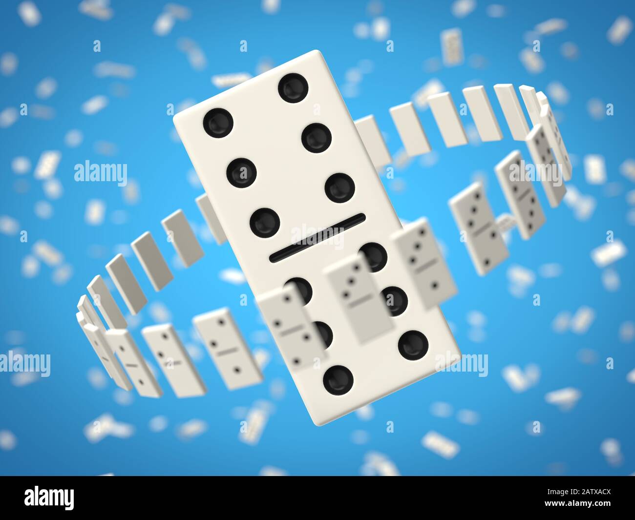 domino chips on blue background. white chips with black dots. 3d ...
