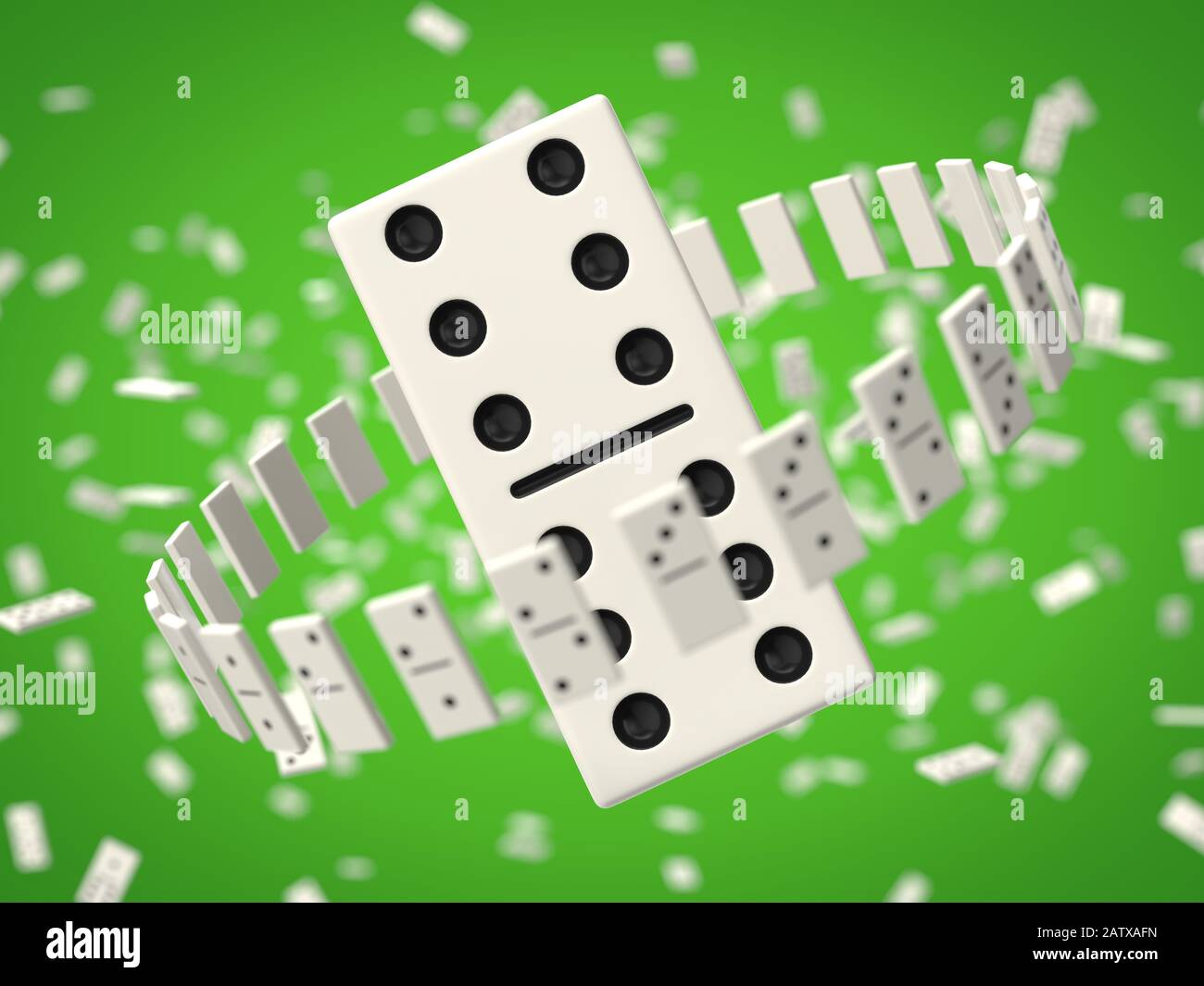 domino chips on green background. white chips with black dots. 3d ...