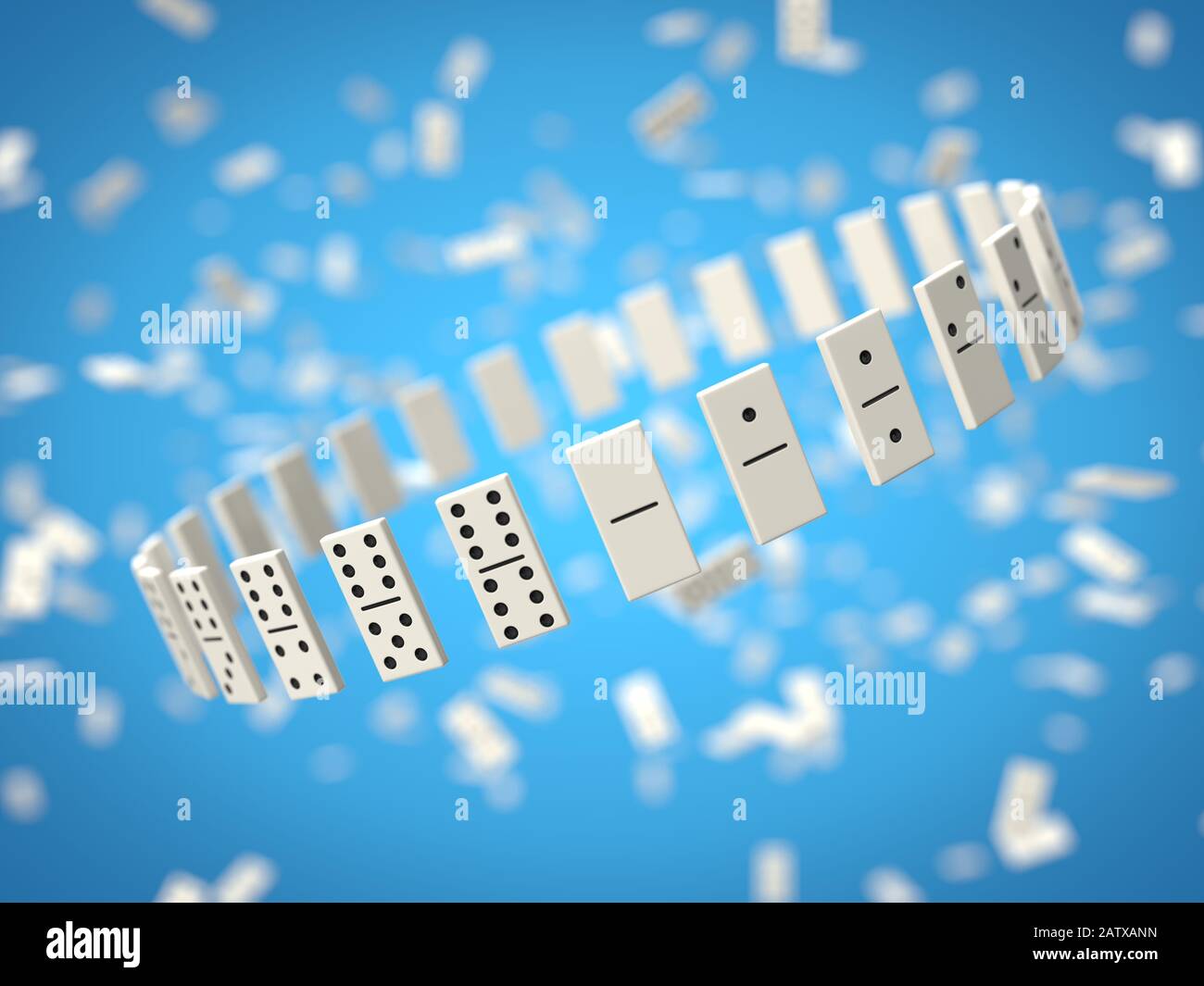 domino chips on blue background. white chips with black dots. 3d ...