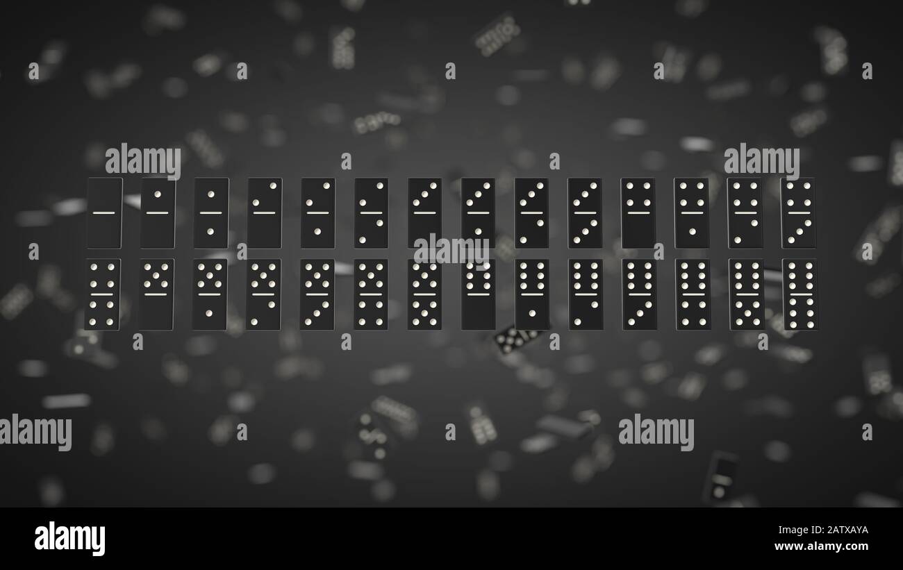 domino chips on dark background. black chips with white dots. 3d ...