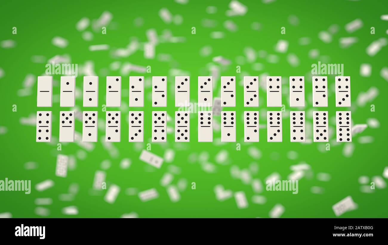 domino chips on green background. white chips with black dots. 3d ...