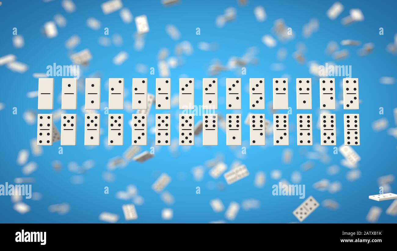 domino chips on blue background. white chips with black dots. 3d ...