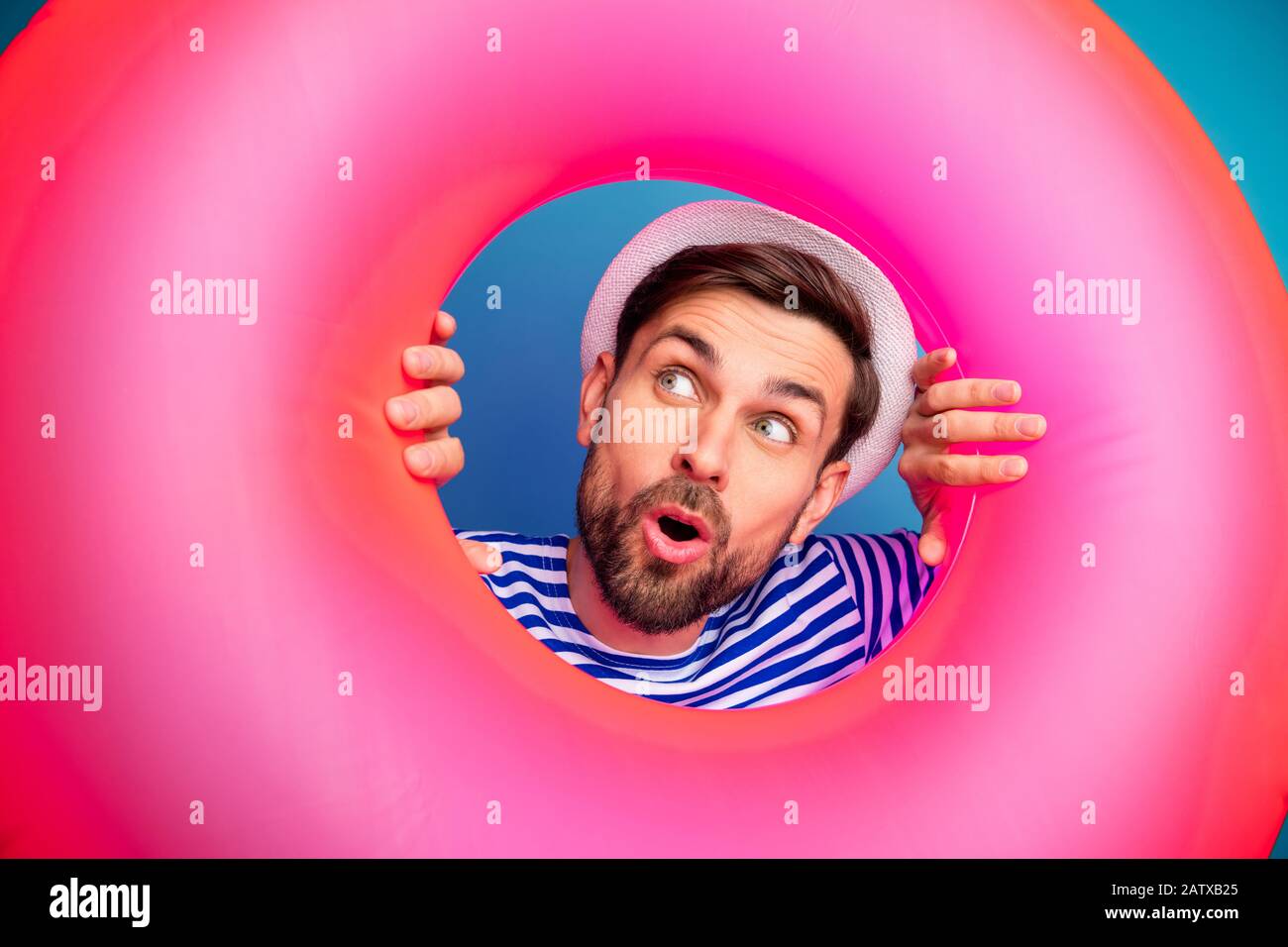 Closeup photo of funky excited handsome guy tourist look inside ...