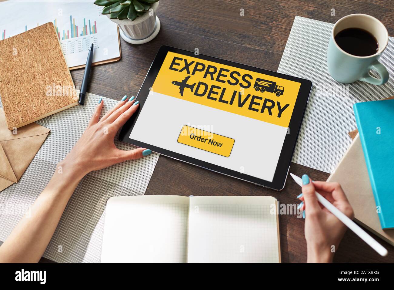Express delivery form on screen, transportation and logistic concept ...