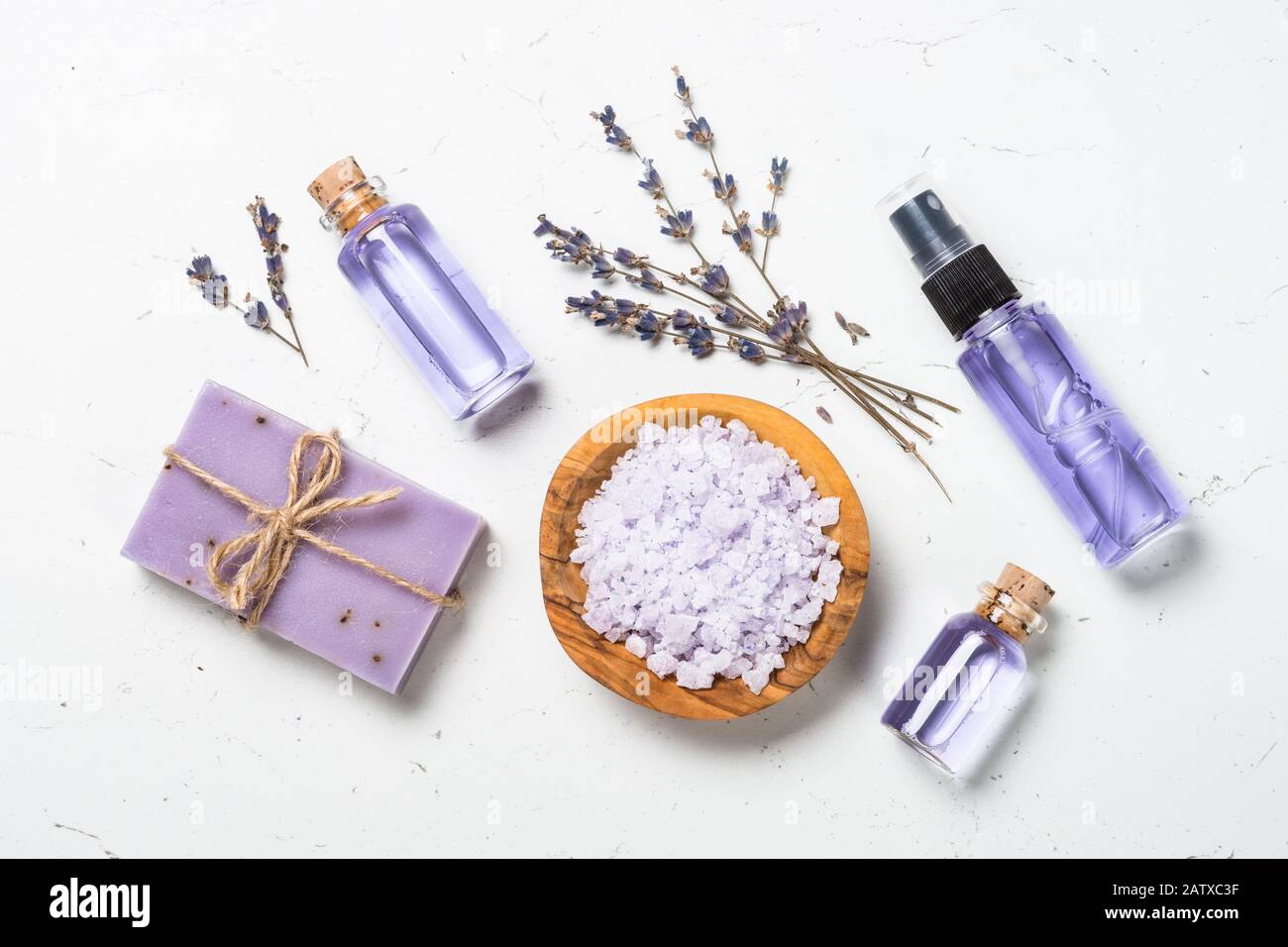 Lavender cosmetics on white top view Stock Photo - Alamy