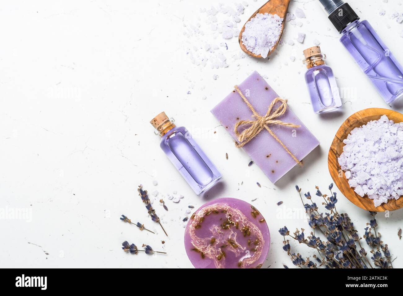 Lavender cosmetics on white top view Stock Photo - Alamy
