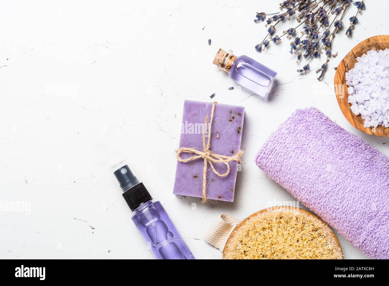 Lavender cosmetics on white top view Stock Photo - Alamy