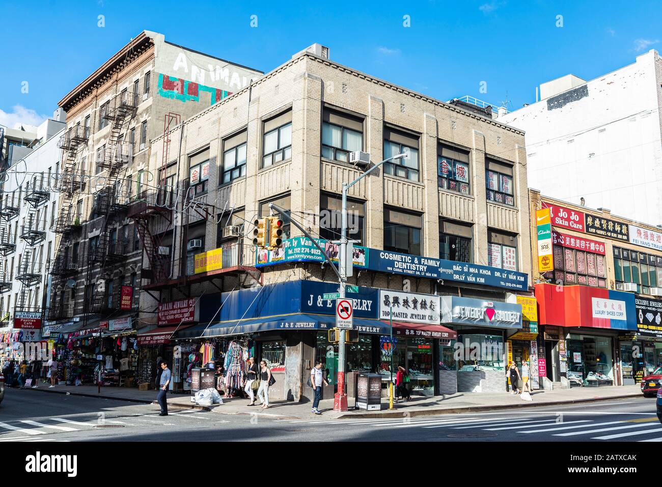New York City, USA - August 2, 2018: Street with many shops and people ...
