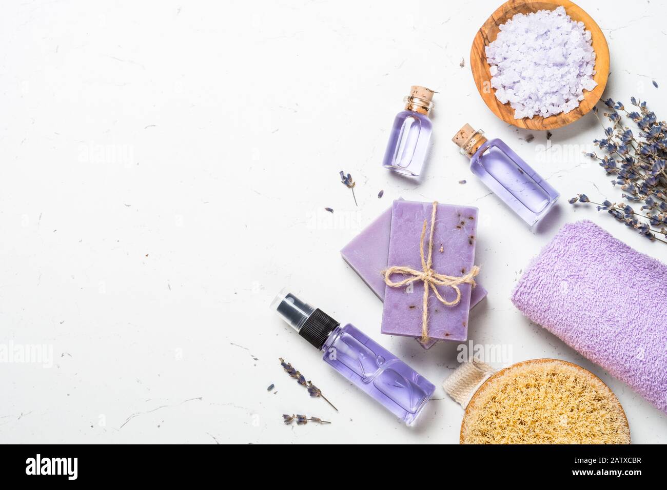Lavender cosmetics on white top view Stock Photo - Alamy