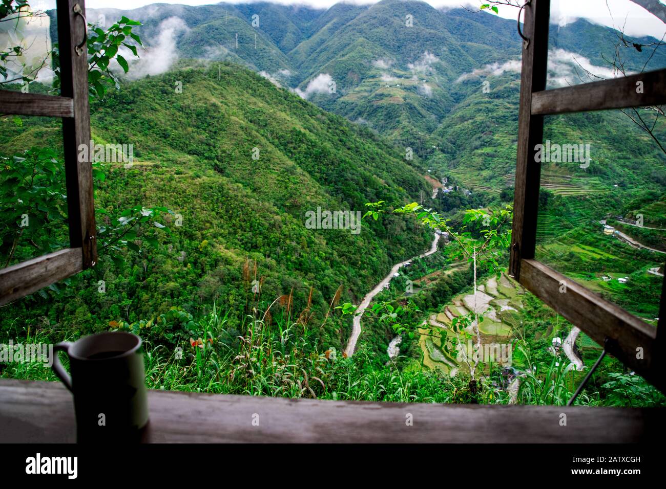 Coffee with a view of the rice terrace. Focus on the landscape with the ...