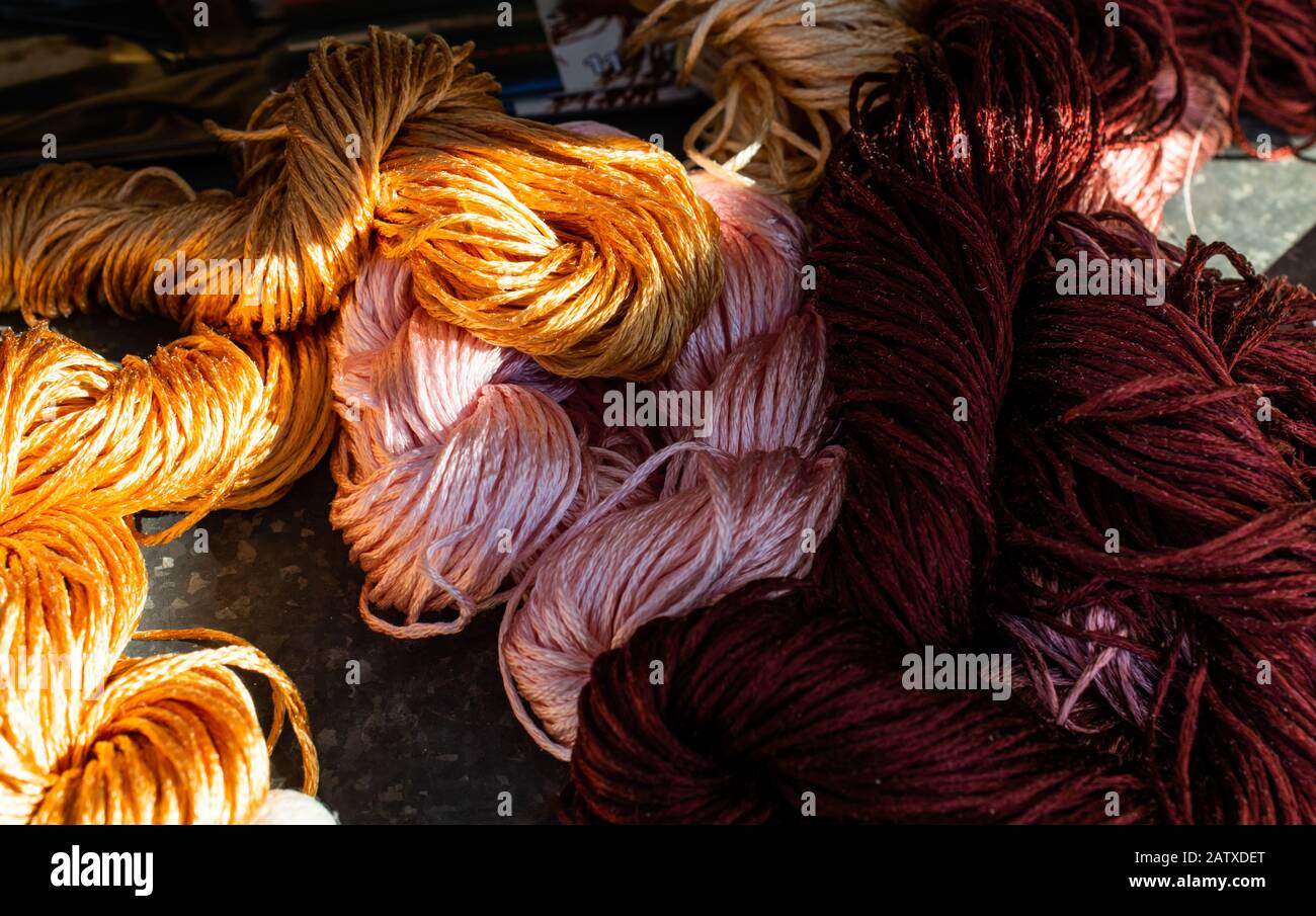 Colorful strands of silk thread close up texture background Stock Photo ...