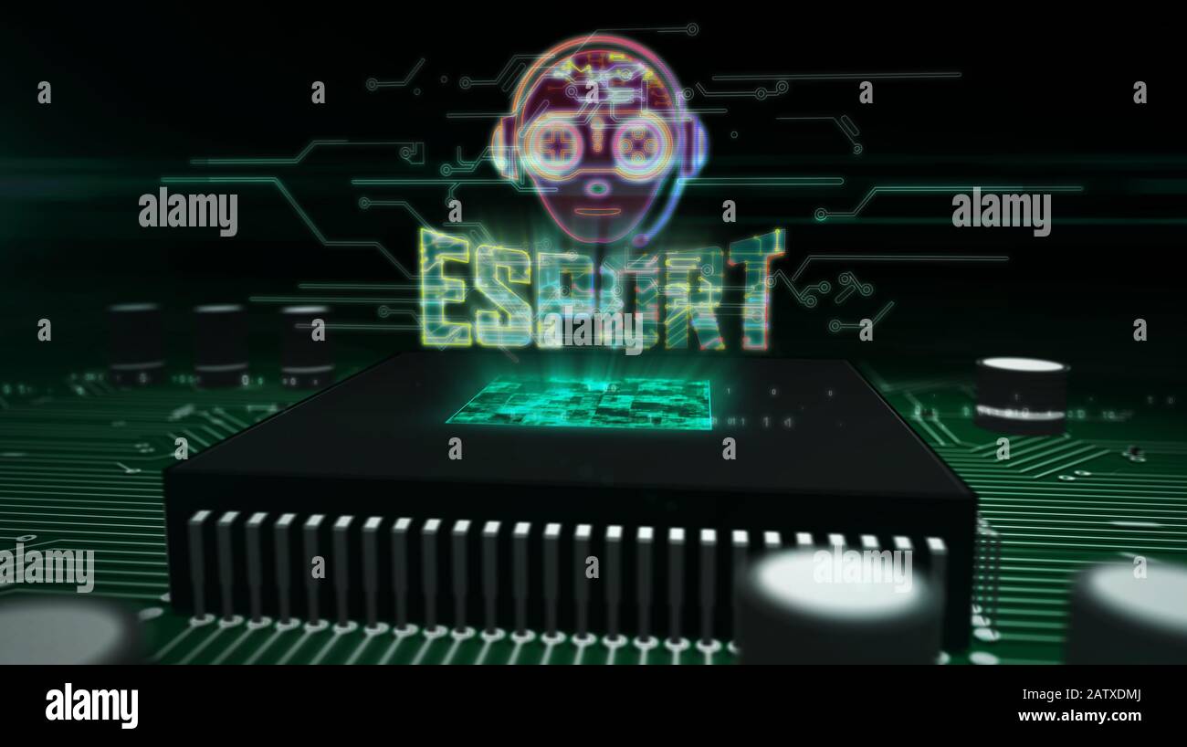 Esport cyber games with gamer symbol glowing hologram over working cpu ...