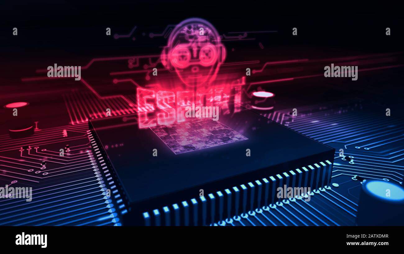 Esport cyber games with gamer symbol glowing hologram over working cpu ...