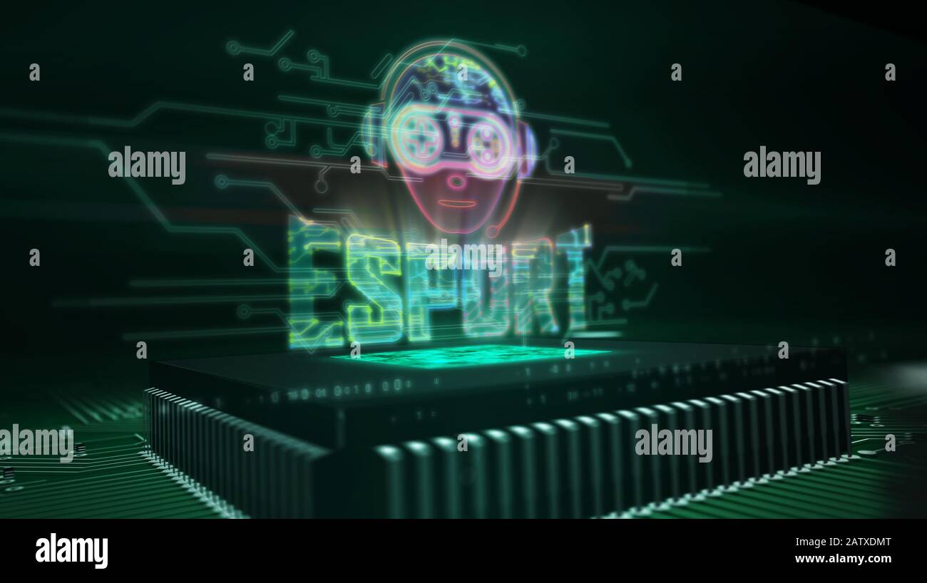 Esport cyber games with gamer symbol glowing hologram over working cpu ...