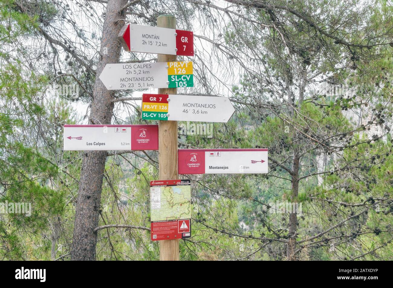 "Camino Cid" route. Pole with multiple sign directions, in a crossroad ...