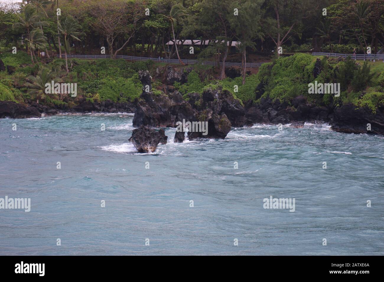 Volcanic cliff shoreline at Waianapanapa State Park with tourists sight ...