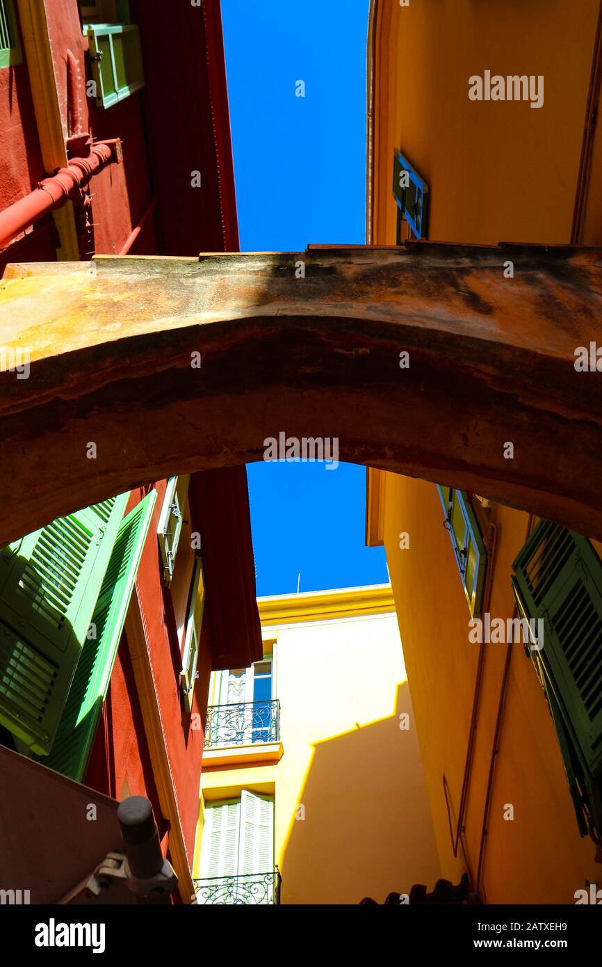 Colorful old buildings in the streets of Monaco's historic center, the ...