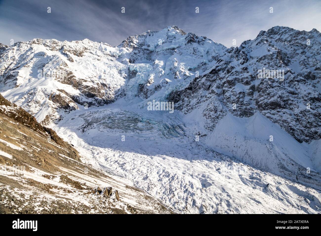 Close view of Mount Cook's Caroline face from Ball Pass trek. Massive ...