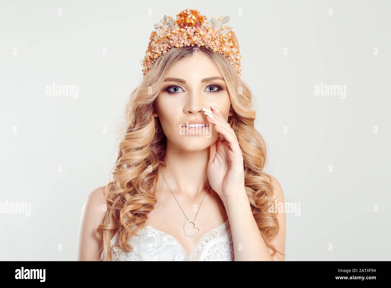 Secret talk. Close up One woman beauty queen girl actress telling ...