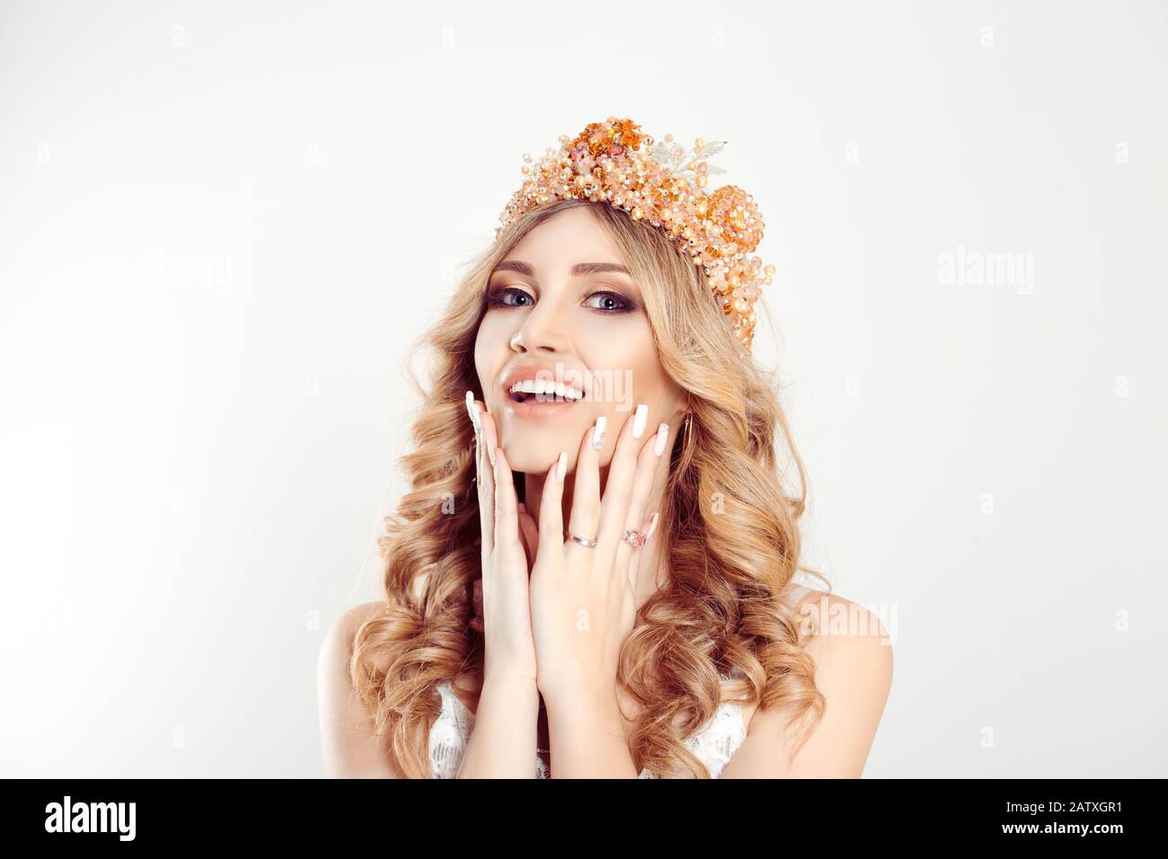 I love my perfect skin. Closeup portrait happy woman smiling touching ...