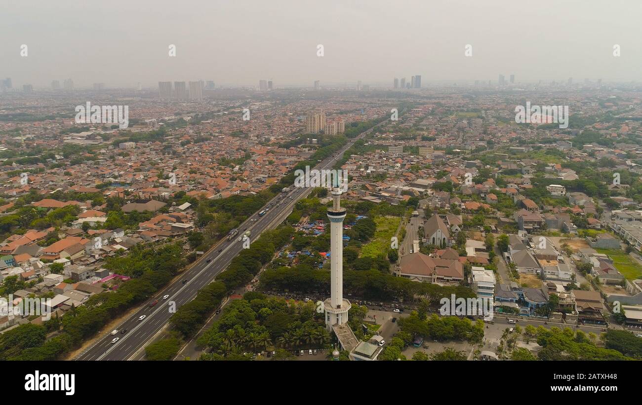 aerial view cityscape city Surabaya with mosque Al Akbar, highway ...