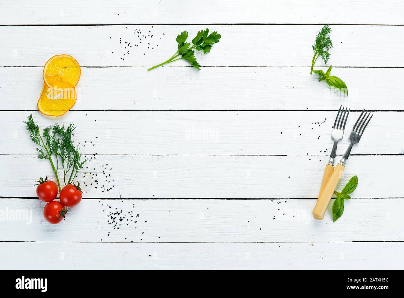 White food background. Cooking Ingredients. Top view. Free space for ...