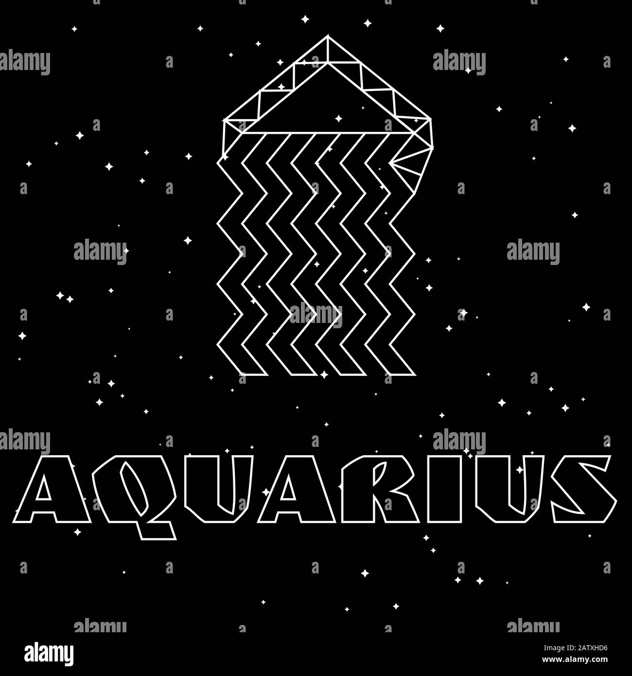 Minimal white geometric waves, zodiac sign aquarius, on starry sky ...