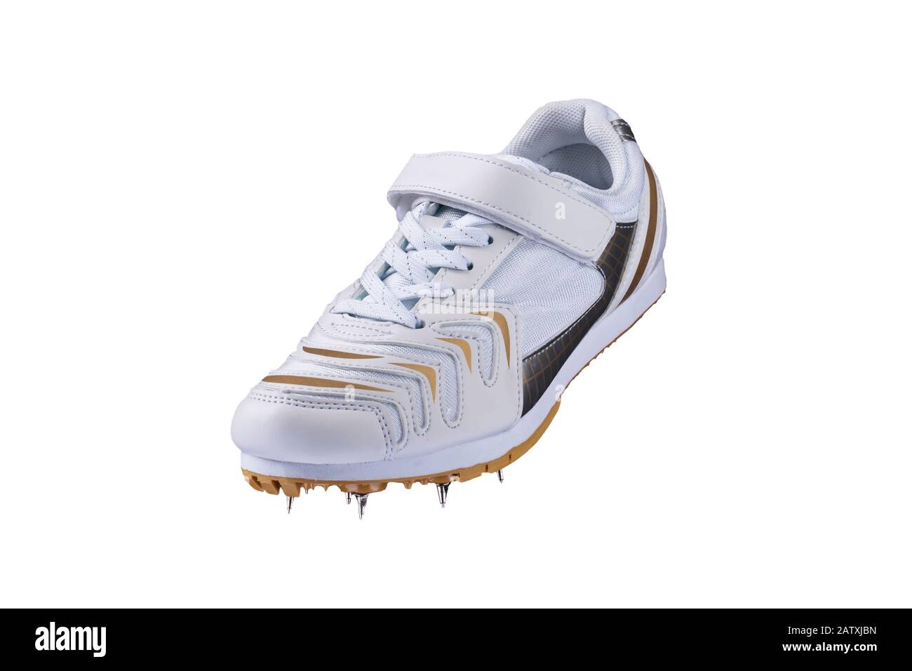 Sports shoes on a white background. White sneaker with spikes. Leather ...