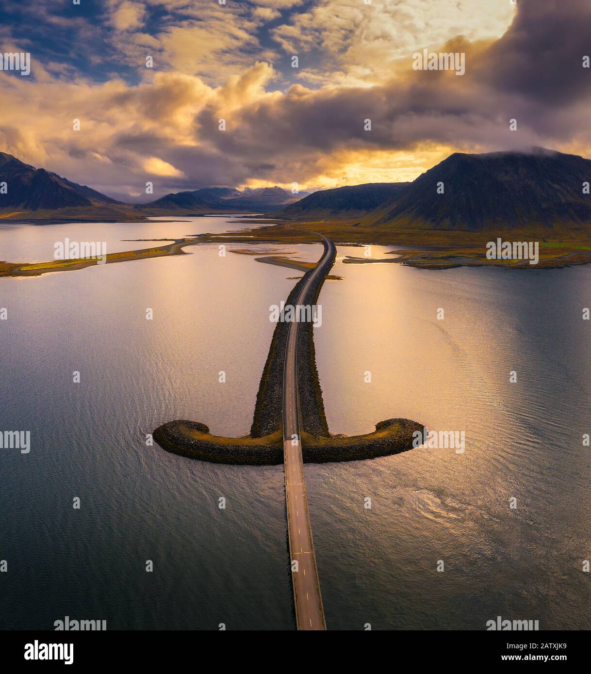 Aerial view of an iconic bridge in west Iceland at sunset Stock Photo ...