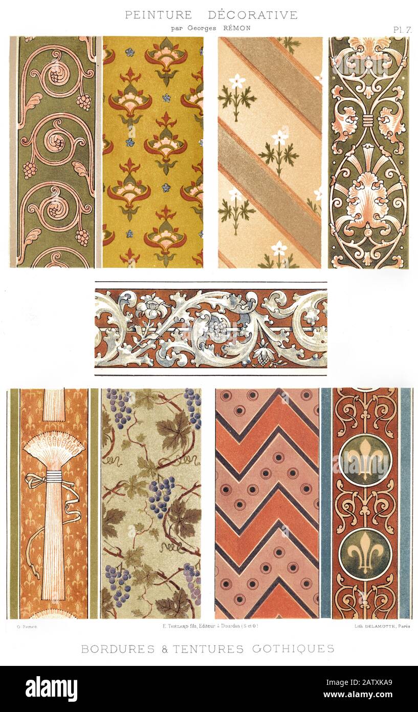 4 patterns of Gothic borders and curtains, decorative painting 1895 ...